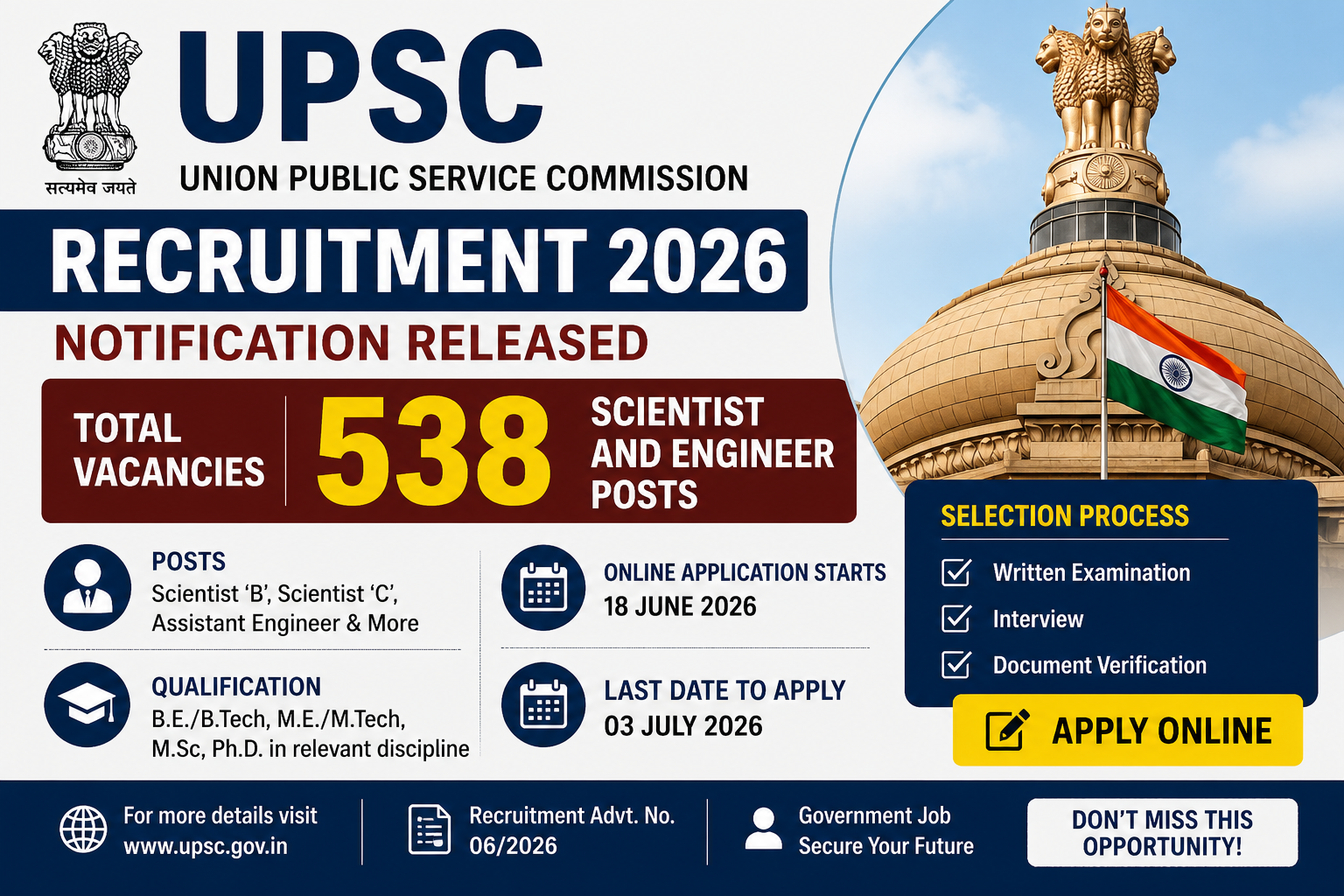 UPSC Recruitment 2026 Notification Out for 538 Scientist & Engineer ...